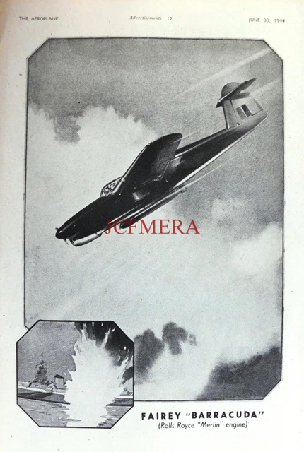 FAIREY BARRACUDA MERLIN-ENGINED Torpedo/Dive Bomber ADVERT #2 1944 ...