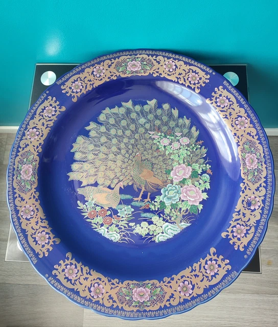 GRAND PLAT MAROCAIN En Porcelaine Taous déco Motif Paon 41 x 41 cm Bleu ...