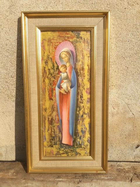GRAND TABLEAU MURAL, Vierge Marie et Enfant Jesus, cuivre repoussé ...