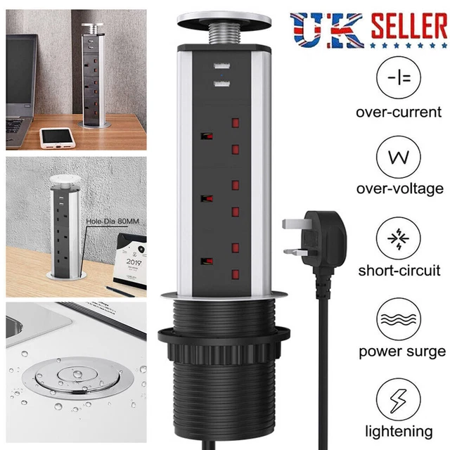 PULL POP UP Socket Power Strip Tower UK Plug 2 USB Kitchen Office Desk ...