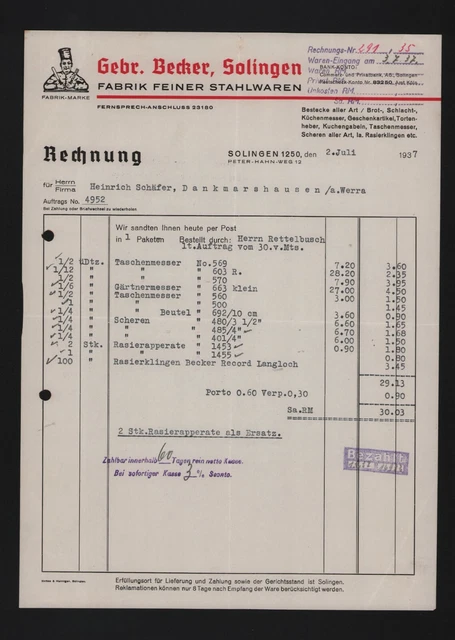SOLINGEN, RECHNUNG 1937, Gebrüder Becker Stahlwaren-Fabrik EUR 14,99 - PicClick DE