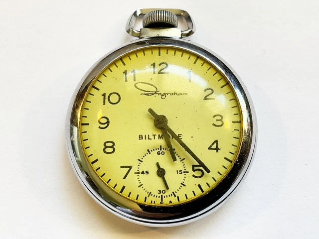 VINTAGE SILVER TONE Ingraham Biltmore Open Face Pocket Watch $29.00 ...