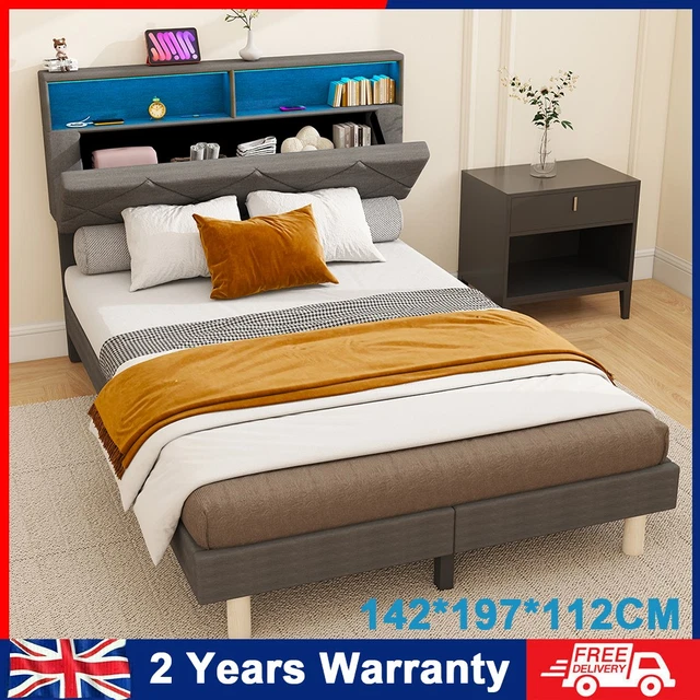 4FT6 DOUBLE BED FRAME WITH DIMMABLE RGB LIGHT UPHOLSTERED STORAGE ...