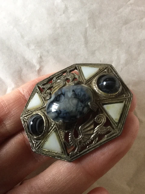 VINTAGE MIRACLE BROOCH - Celtic, Welsh dragon, Black glass agate ...