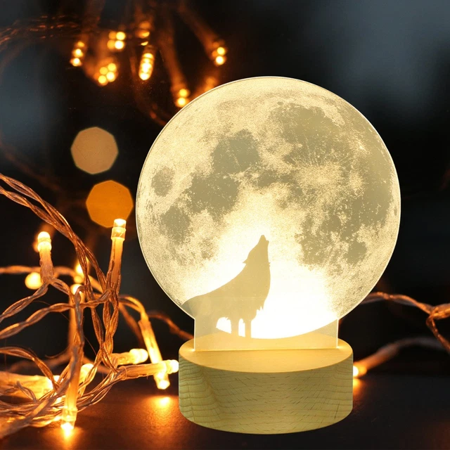 3D WOLF NIGHT Light LED Wooden Base Table Lamp USB Decorative Lights ...