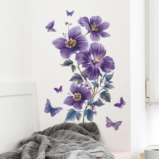 PURPLE FLOWERS BUTTERFLY Stickers Wall Autochers Chambre de chambre DÉ ...