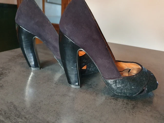 NEXT COURT HIGH heels open toe Black Shoes Banana Shape Block heel RRP ...