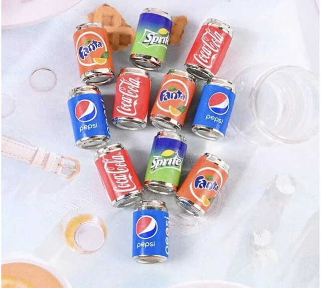 BARBI DOLLHOUSE MINIATURE Drink Mini Soda Cans Coke Pepsi Fanta Sprite ...