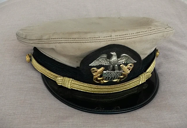 ORIGINAL WW2 US Navy Officer Commander Tan Peak Cap With Badge Size 7.5 ...