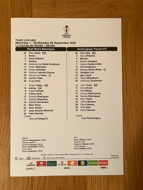 NOTTINGHAM FOREST 2025-2026 Season Home & Away UEFA Europa League Team ...