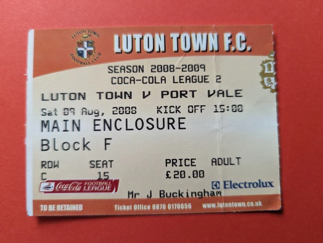 LUTON TOWN V Port Vale, Match Ticket 2008/2009 £1.25 - PicClick UK