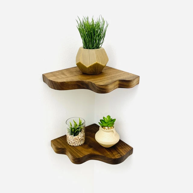 SET OF 2 Wavy floating corner shelves - walnut £43.00 - PicClick UK