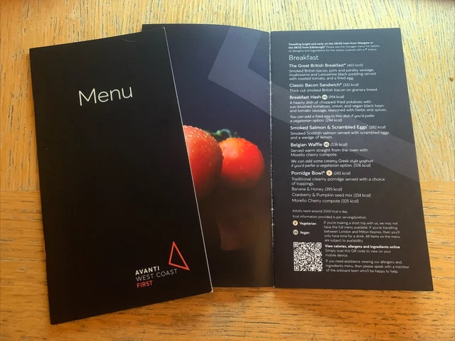 AVANTI WEST COAST: First class food and drink service menu: Pendolino ...