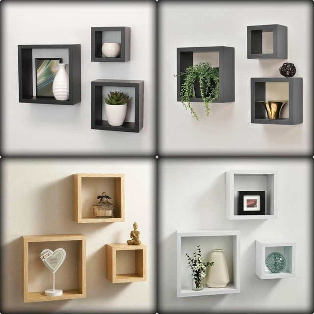 SET OF 3 Wooden Floating Cube Shelves Wall Mount Disply Square Box ...