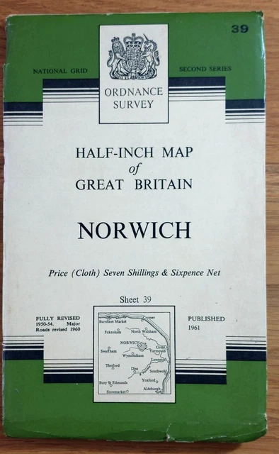 ORDNANCE SURVEY NATIONAL Grid half inch map of Norwich, Sheet 39. 1961 ...