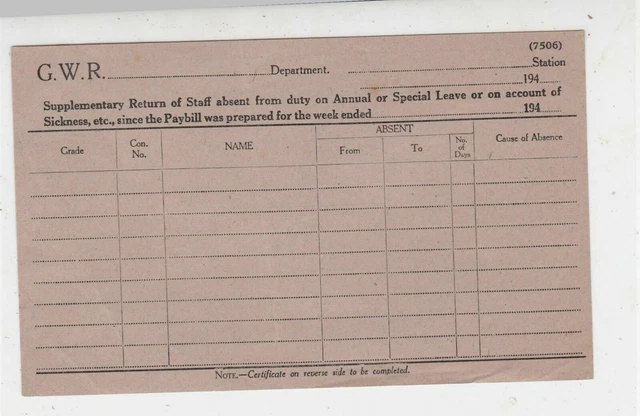 GREAT WESTERN RAILWAY Vintage Official Return of Staff Absent Form Ref ...