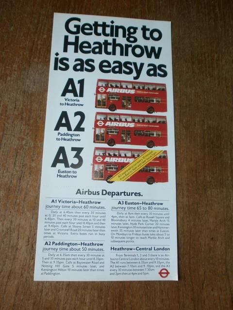 LONDON TRANSPORT TIMETABLE Leaflet-Airbus Routes A1, A2 & A3, 1983 £1. ...