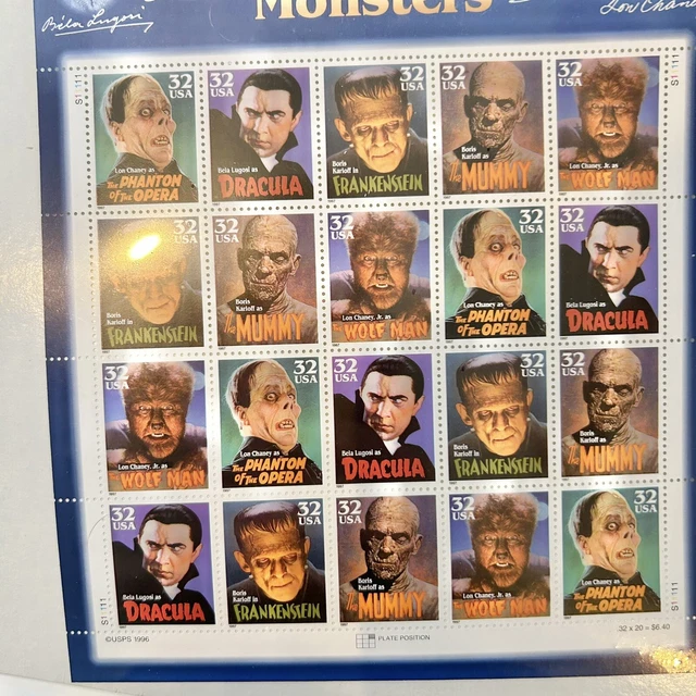 CLASSIC MOVIE MONSTERS Stamp Sheet 1997 Frankenstein Mummy Dracula ...