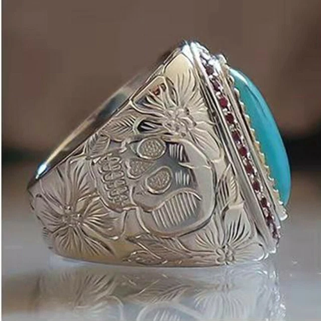 TURQUOISE BOHO FASHION Rings Silver Plated Flower Skull Band Men ...
