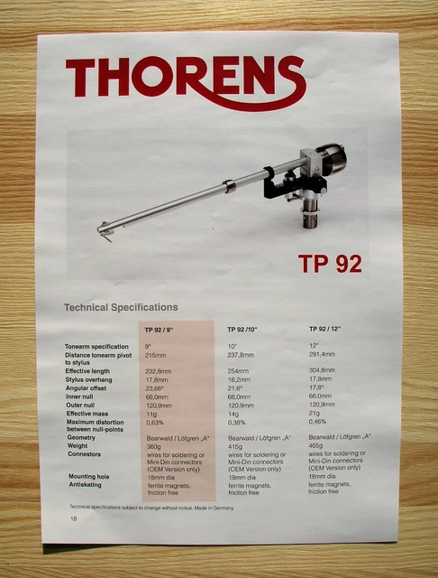 CARTRIDGE ALIGNMENT PROTRACTOR for Thorens TP92 & TD309/TD1600/TD1601 Turntables $59.60 ...
