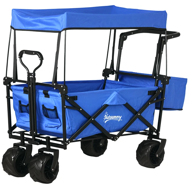 OUTSUNNY OUTDOOR PUSH Pull Wagon Stroller Cart w/ Canopy Top Blue £84. ...