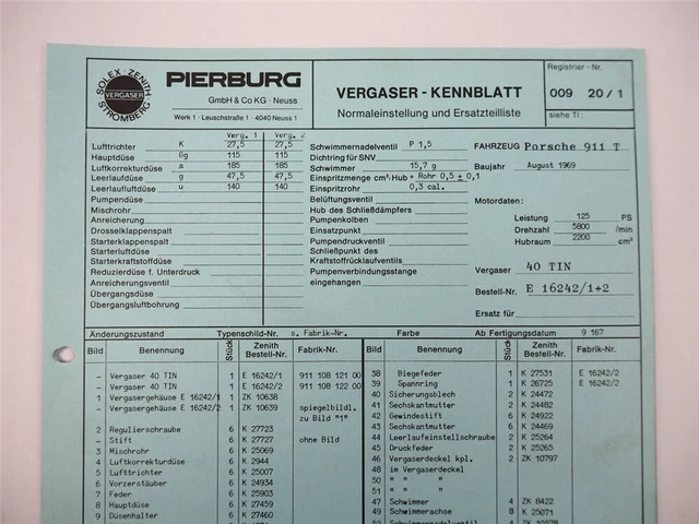 PORSCHE 911T PIERBURG carburetor 40TIN identification sheet setting ...