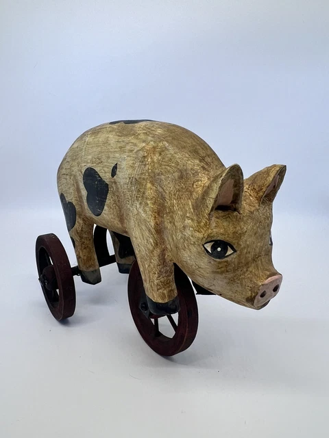 VINTAGE INSPIRED PULL Rolling Wood Pig Toy Primitive Folk Art Farmhouse ...