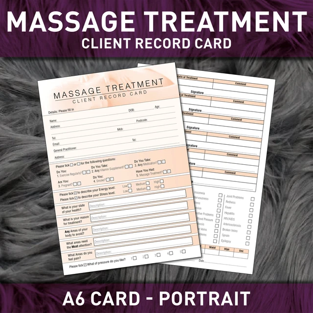 MASSAGE CLIENT RECORD Card Treatment Consultation Therapists Form ...
