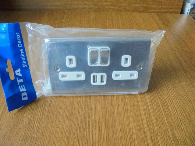 13A 2 GANG DP Switched Socket c/w usb sockets- polished chrome / white ...