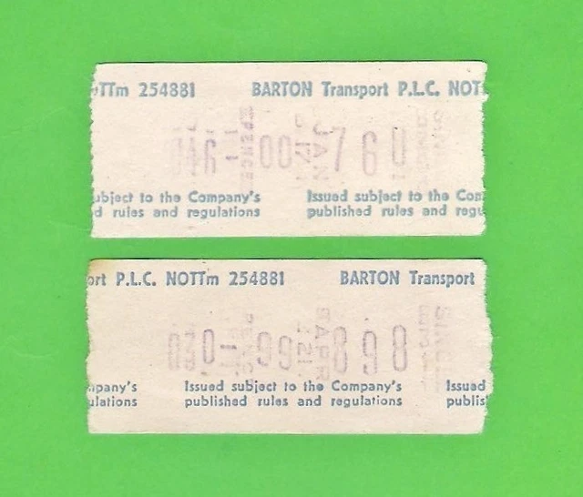 BARTON TRANSPORT OF Nottingham - 2 x Setright Bus Tickets - 30p & 46p ...