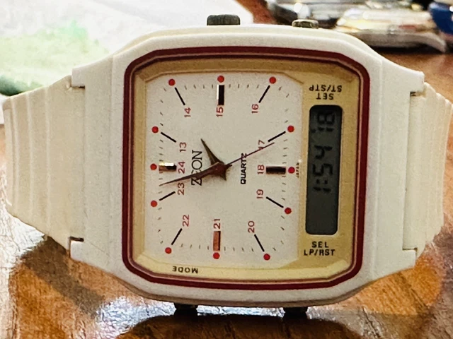RARE VINTAGE ZEON 2518 Quartz Ana-Digi White Dial 34mm Men's Watch ...