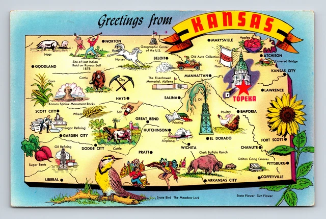 PICTORIAL TOURIST MAP Greeting From State of Kansas KS Postcard £4.06 ...