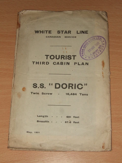 WHITE STAR LINE S.S. DORIC. Original Tourist Third Cabin Plan. May 1931 ...