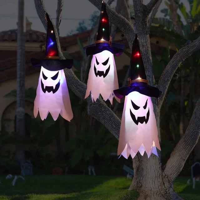 HALLOWEEN LED LIGHT Witch String Scary Hanging Lighted Ghost Wizard Hat ...