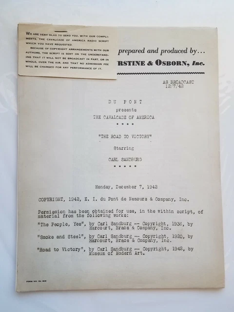 DUPONT CAVALCADE OF AMERICA Radio Program Script 1942 - WW2 THE ROAD TO ...