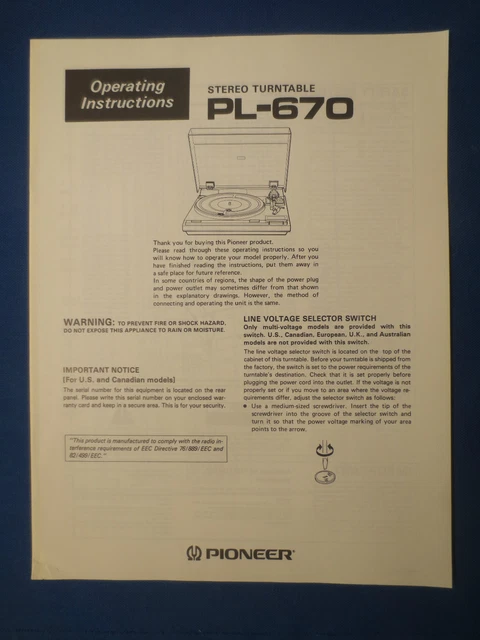 PIONEER PL-670 TURNTABLE Owner Operating Manual Factory Original $22.14 ...