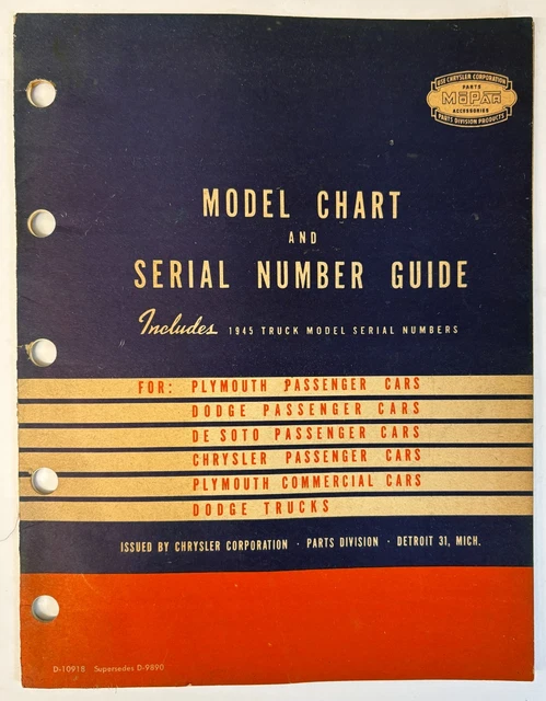 ORIGINAL 1945 MOPAR Model Chart and Serial Number Guide D-10918 £29.95 ...