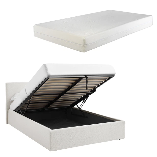 TEDDY BOUCLE 4FT6 Double Storage Lift Up Bed White + 15cm Foam Mattress ...
