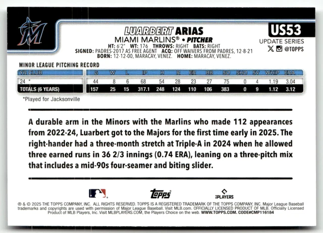 2025 TOPPS UPDATE Series MLB No. US53 Luarbert Arias Novato Rainbow ...