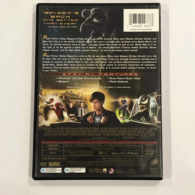SPIDER-MAN 3 DVD Widescreen English French Marvel Columbia Action Movie ...