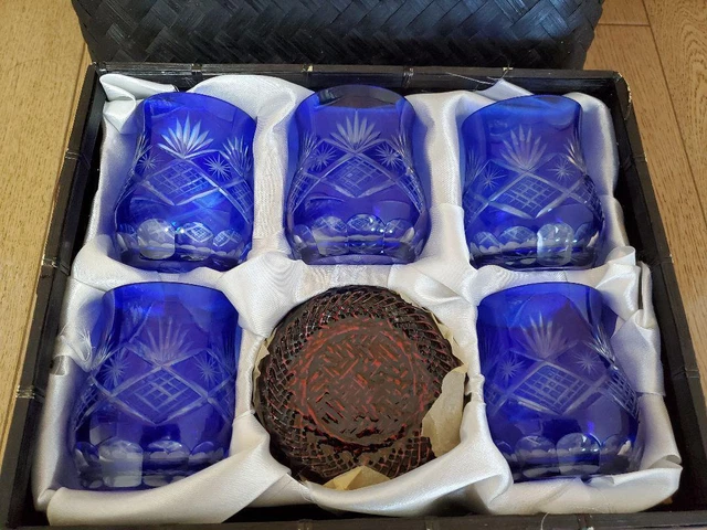 EDO KIRIKO INDIGO Tea Ceremony Set Of 5 Handmade Aikasuri Made In Japan ...