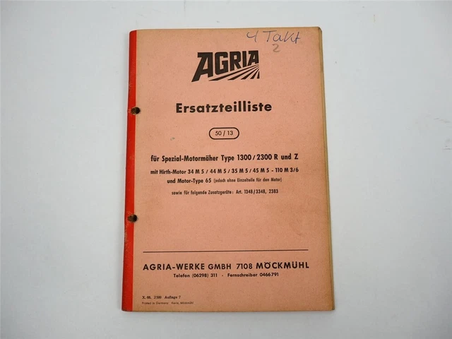 AGRIA 1300 2300 R Z Motormäher Ersatzteilliste Ersatzteilkatalog 1966 ...
