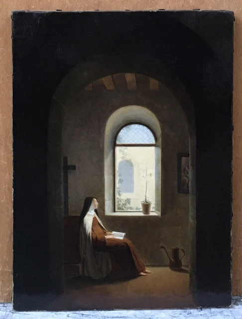 TABLEAU ANCIEN HUILE Intérieur Monastère Voûte Fenêtre Fleur Robert ...