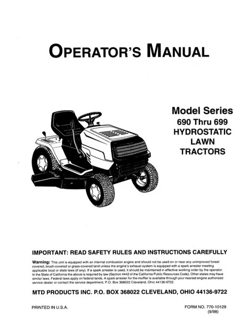 OWNER’S MANUAL MTD Hydrostatic Lawn Tractor Mower - Model Series 690 thru 699 £17.88 - PicClick UK