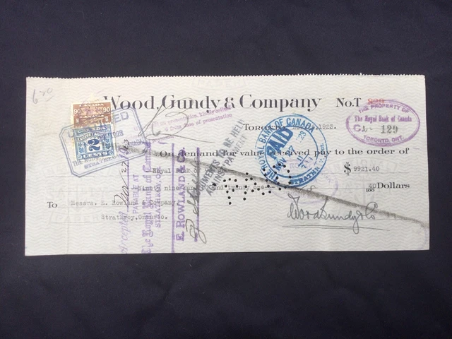 VINTAGE CANCELLED CHEQUE , With Stamps , 1923, Wood Gundy & Company $7. ...