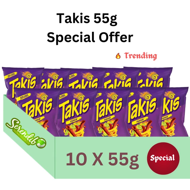 TAKIS FUEGO HOT Chilli Crunchy Chips American 55g Pack of 10 Special ...