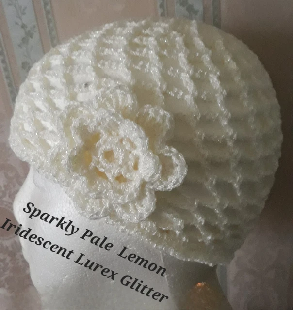 SPARKLY PALE LEMON / IRIDESCENT CROCHET SKULL CAP HAT 70s Fancy Dress ...