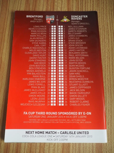 BRENTFORD FOOTBALL PROGRAM V Doncaster Rovers FA Cup Played 2nd January ...