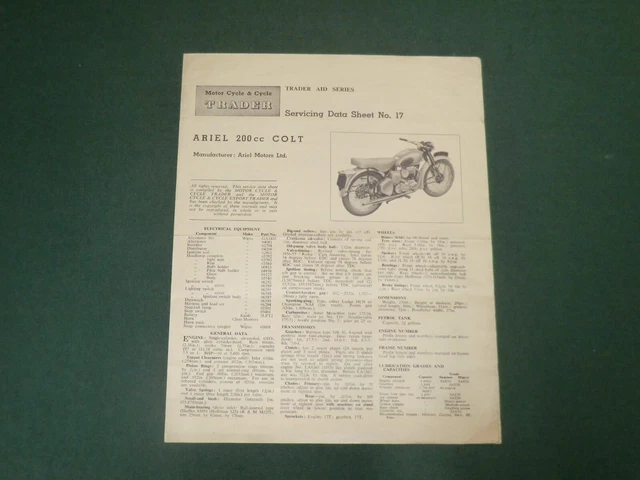 ARIEL 200 CC COLT Servicing Data Sheet No 17 (D122) £2.99 - PicClick UK