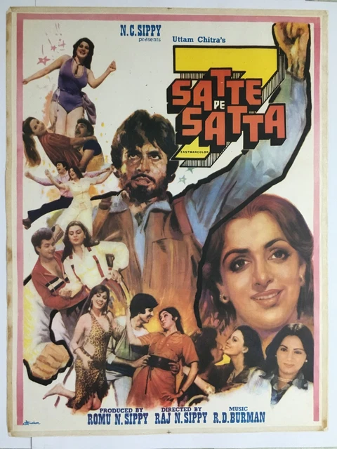 POSTER BOLLYWOOD DEL 1982 SATTE PE SATTA. Amitabh Bachchan Hema 30in x ...